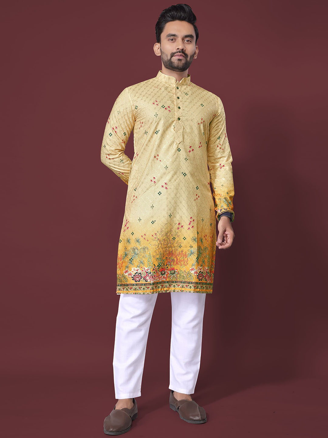 Buy CHARLOTTE GRACIOUS Men Floral Printed Sequinned Shadow Work Kurta ...