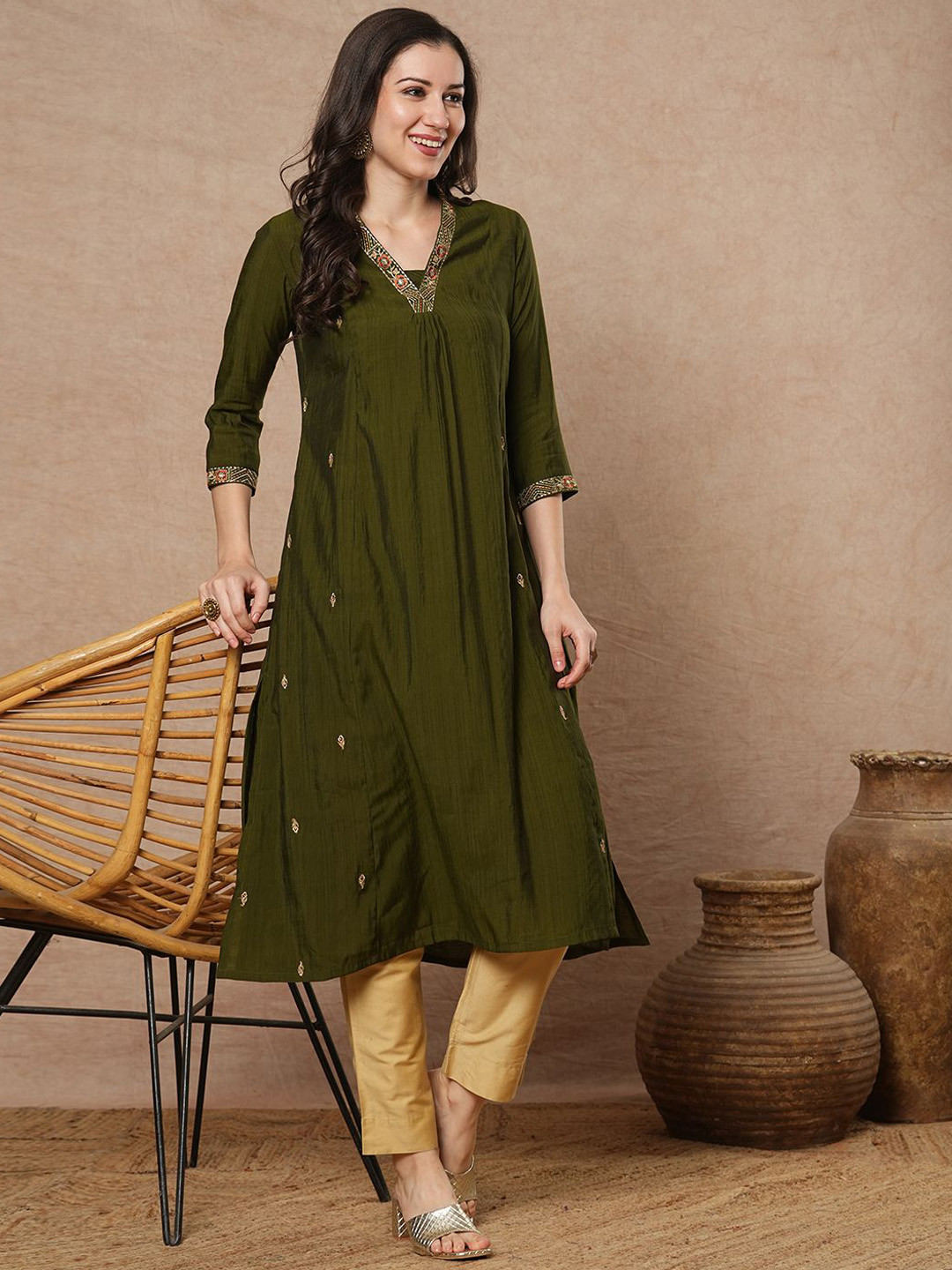 Buy KAMI KUBI Woven Design V Neck A Line Kurta - Kurtas for Women ...