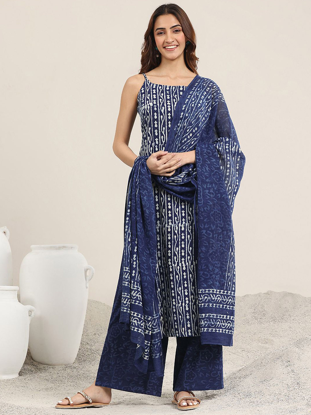 Buy Libas Floral Printed Shoulder Straps Straight Kurta With Palazzos ...