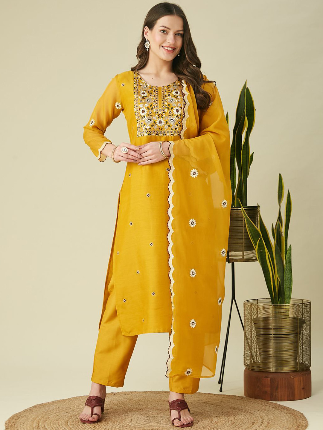 Buy MOKOSH Floral Embroidered Thread Work Straight Kurta With Trousers & Dupatta - Kurta Sets ...