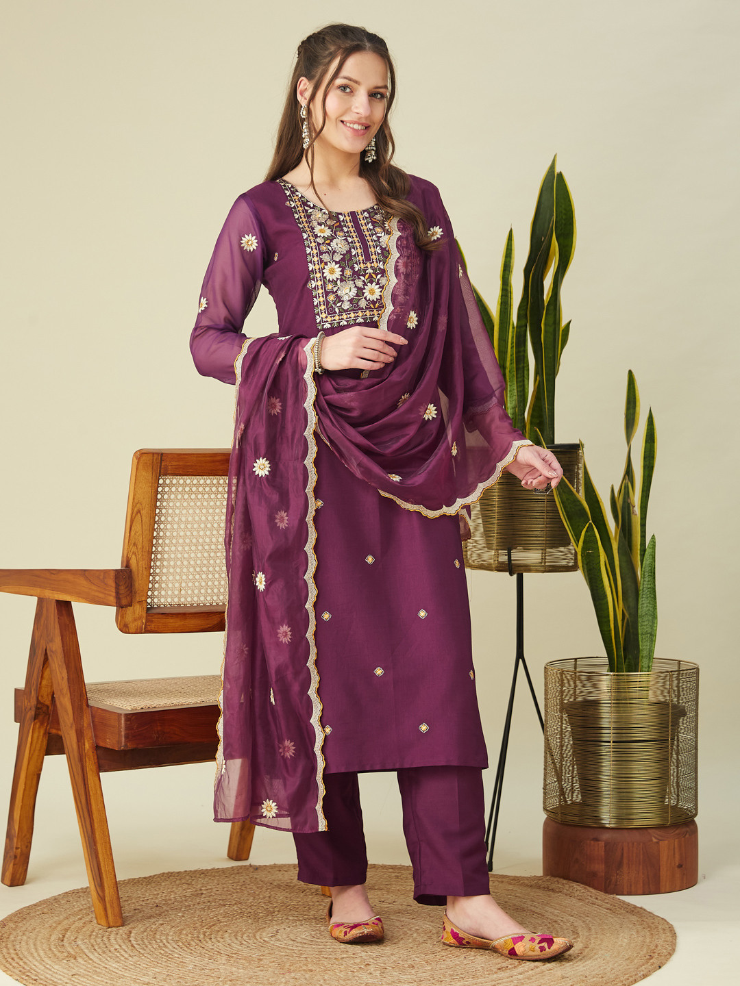 Buy MOKOSH Floral Embroidered Thread Work Straight Kurta With Trousers & Dupatta - Kurta Sets ...