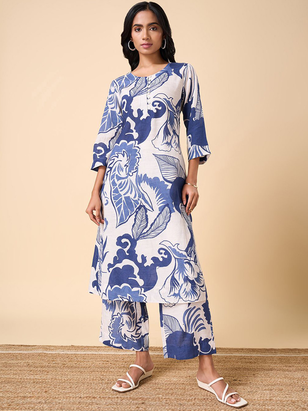 Buy Marigold Lane Floral Printed Round Neck Straight Kurta With Palazzo ...