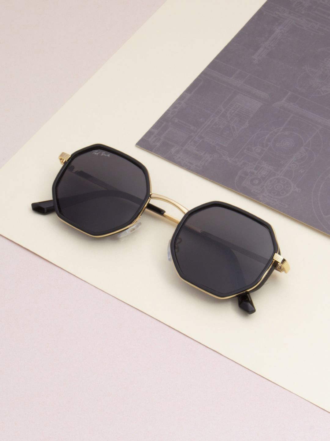 Buy Ted Smith Unisex Gold Black Octagon Metal Sunglasses With Polarised ...