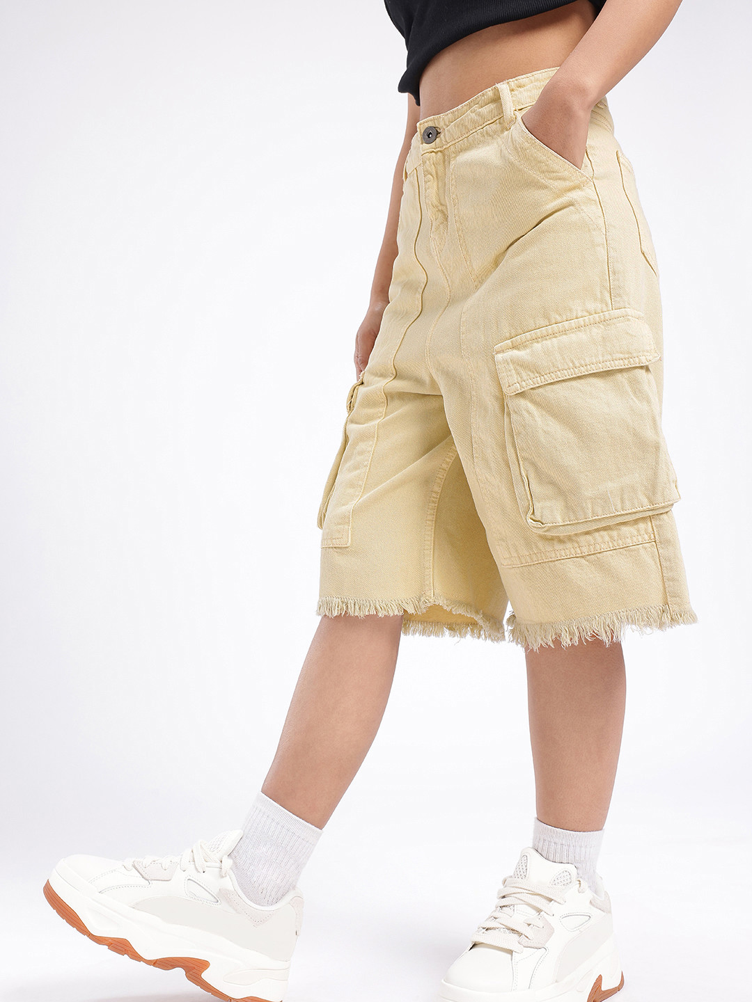 Buy DressBerry Women Frayed Hem High Rise Denim Cargo Jorts - Shorts ...