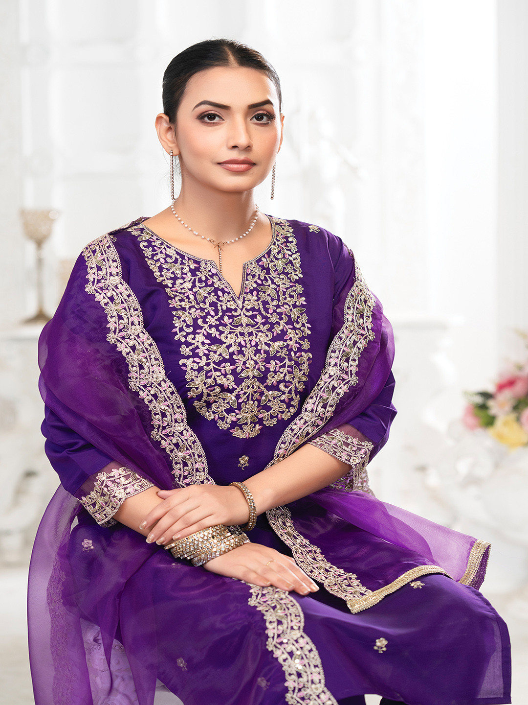 Buy PATBRO Women Floral Embroidered Regular Sequinned Pure Silk Kurta ...