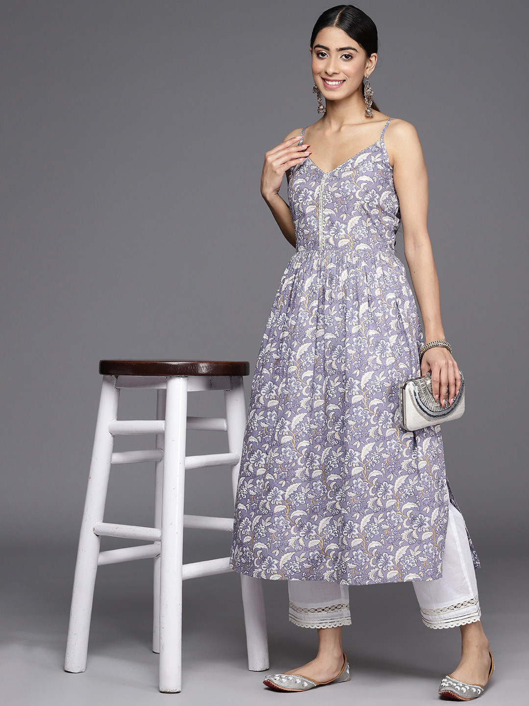 Buy KSUT Floral Printed Shoulder Straps Neck Empire Pure Cotton A Line ...