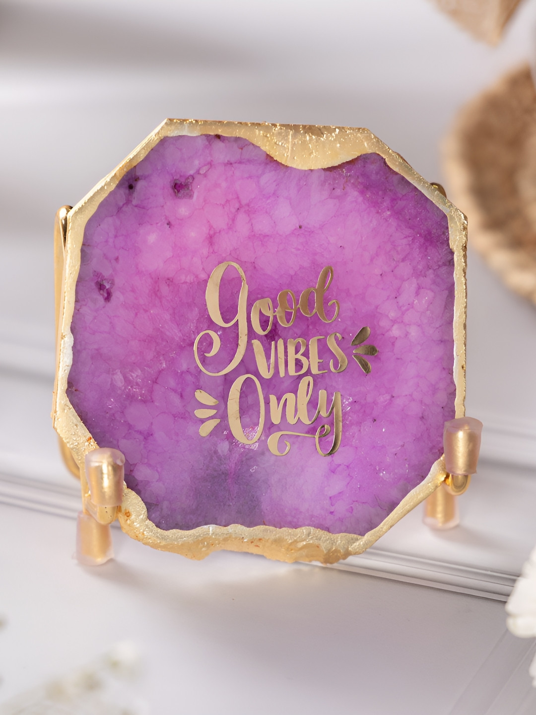 Buy HOMEARTE Pink & Gold Toned Good Vibes With Metal Stand Curio Agate ...