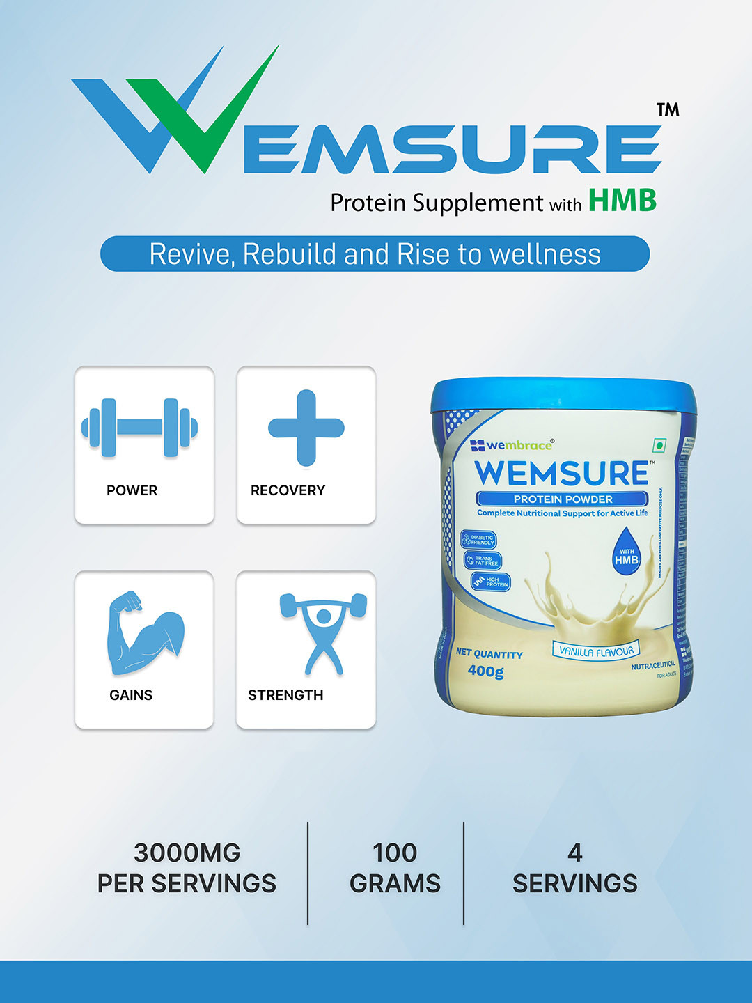 Buy Wemsure High Protein Powder With 3g HMB 400 G Vanilla Flavor ...