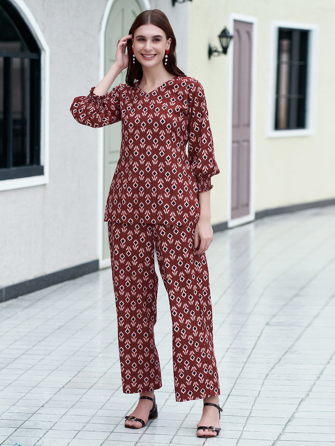 Buy Moda Rapido Printed V Neck Pure Cotton Top With Trousers - Co Ords ...