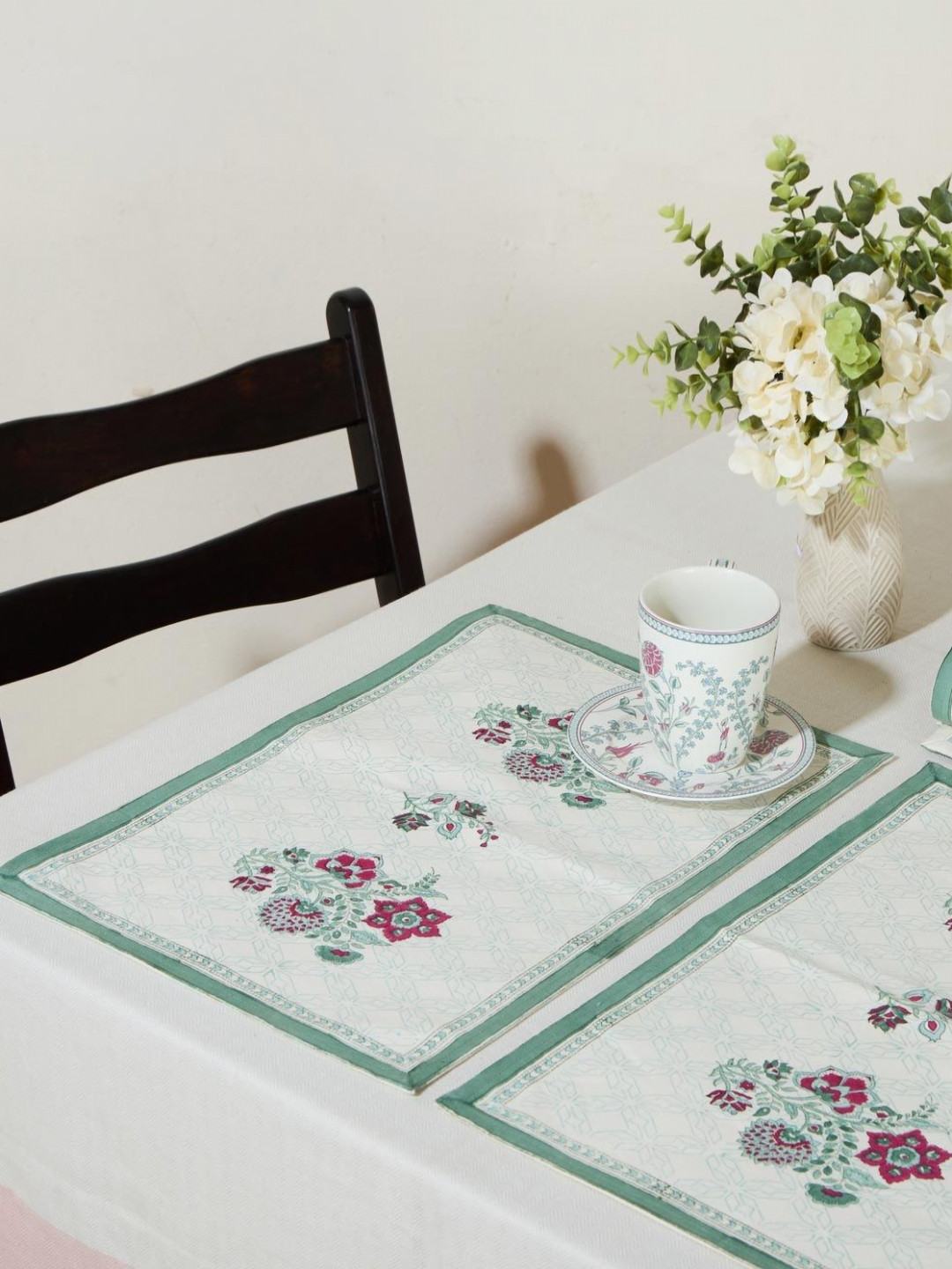 Buy Fabindia Gulbagh White & Green 6 Pieces Floral Block Printed Cotton Table Placemats - Table ...