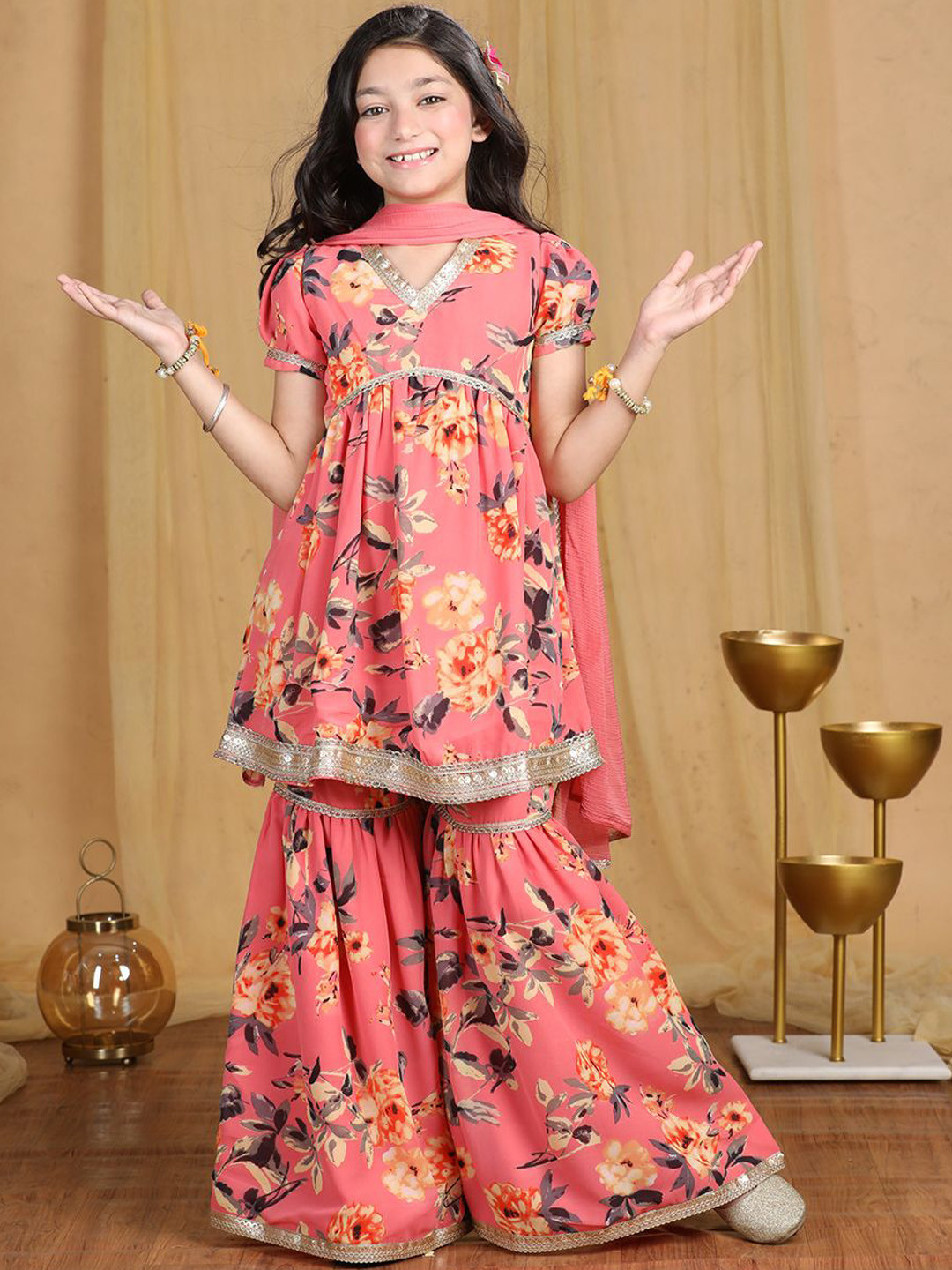 Buy Cutiekins Girls Floral Printed Empire Gotta Patti Kurta With Sharara & With Dupatta - Kurta ...
