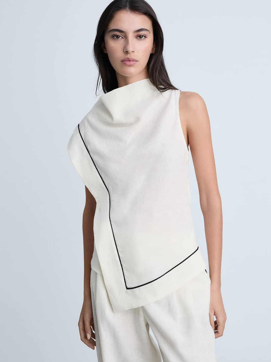 Buy MANGO Contrast Piping Pure Linen Cowl Neck Layered Asymmetric Top ...
