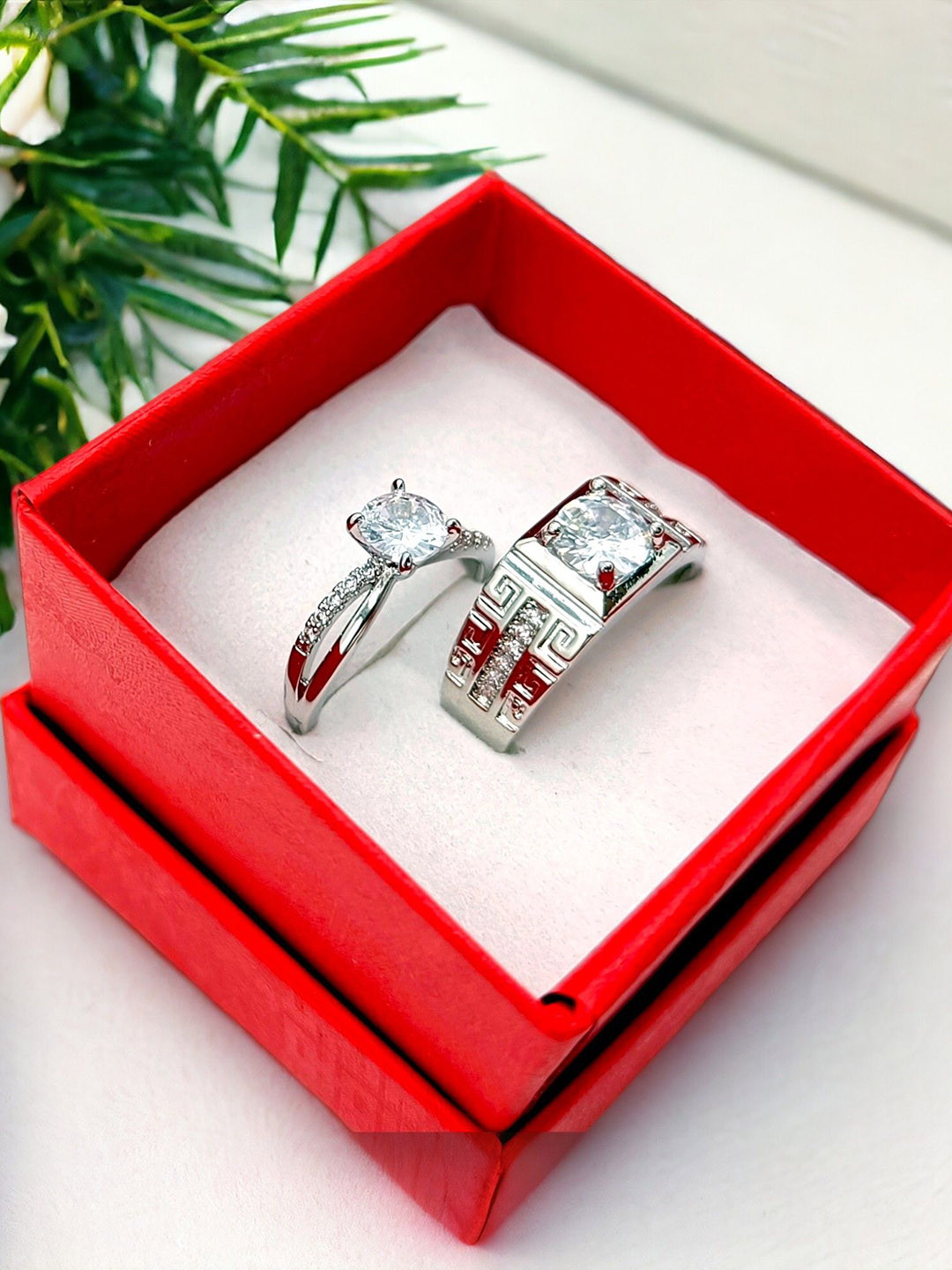 Buy Kazare Set Of 2 Rhodium Plated Stones Studded Couple Ring Set ...