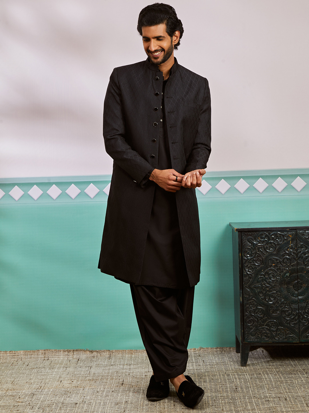 Buy VASTRAMAY Self Design Sherwani With Patiala Set - Sherwani for Men ...