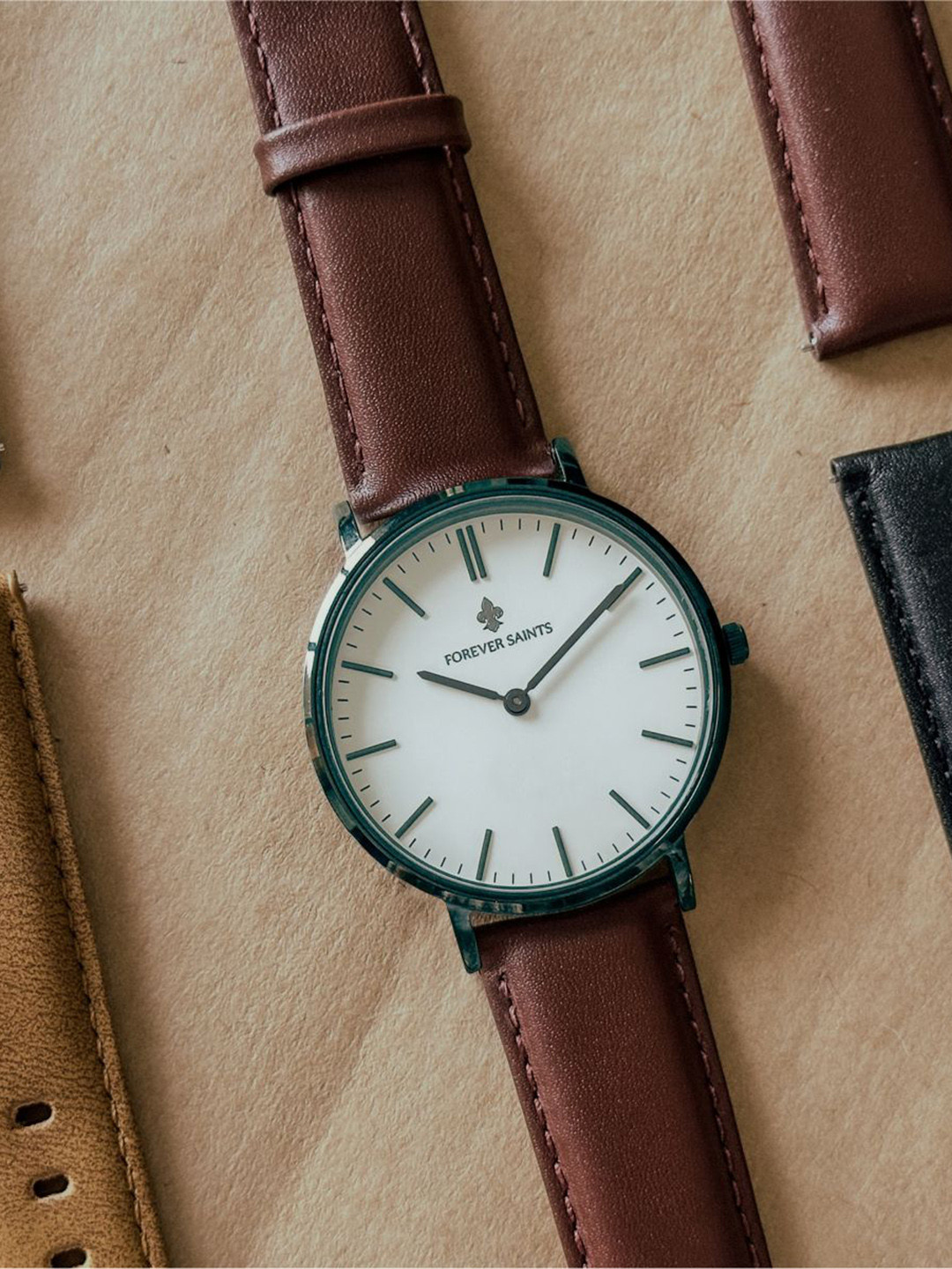 Buy FOREVER SAINTS Men Brass Patterned Dial & Leather Straps Analogue ...