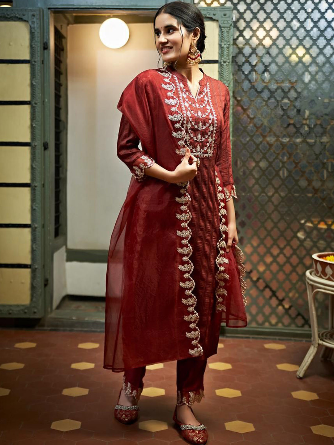 Buy Colors Of Earth Women Embroidered Regular Kurta With Trousers ...
