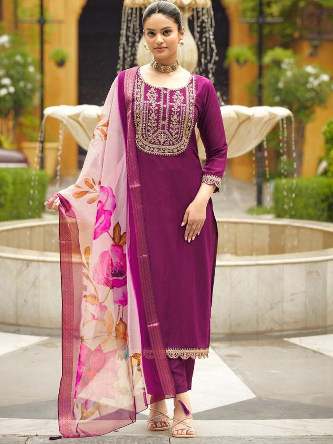 Buy Colors Of Earth Women Embroidered Regular Kurta With Trousers ...