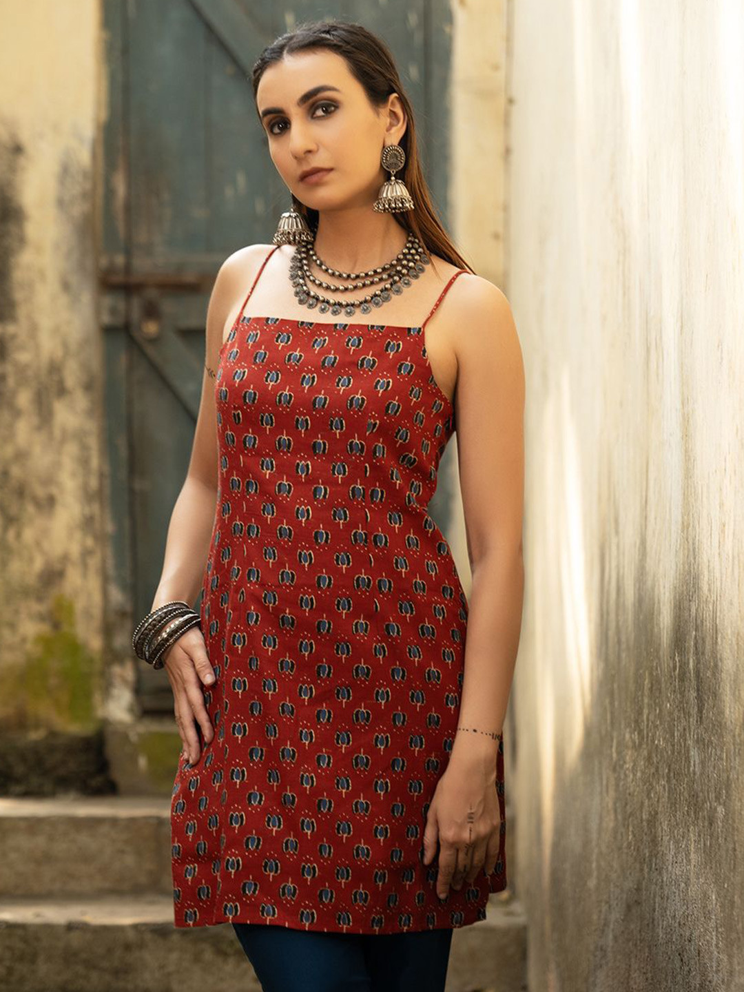 Buy NISHORAMA Ethnic Motifs Printed Square Neck Pure Cotton Slim Fit ...