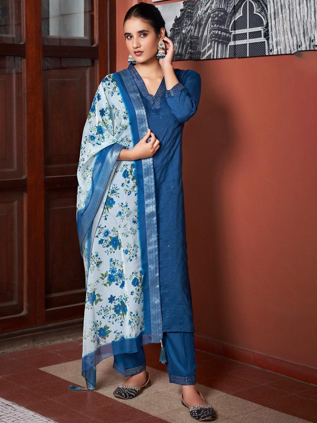Buy Colors Of Earth Women Regular Kurta With Trousers & With Dupatta ...