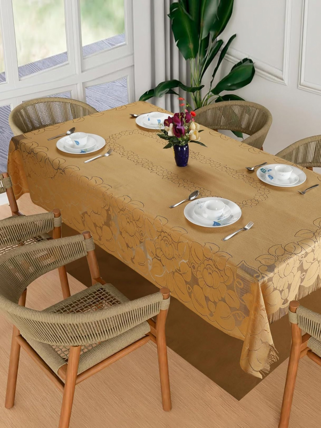 Buy Homerz Brown Floral Cotton 4 Seater Table Cover - Table Covers for ...