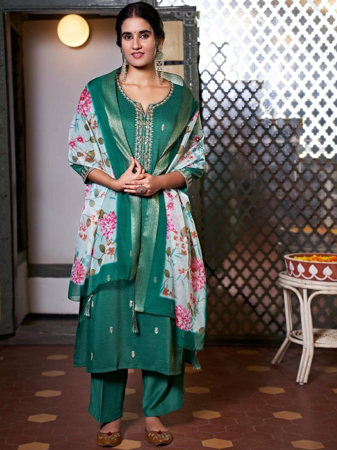 Buy Colors Of Earth Women Embroidered Regular Kurta With Trousers ...