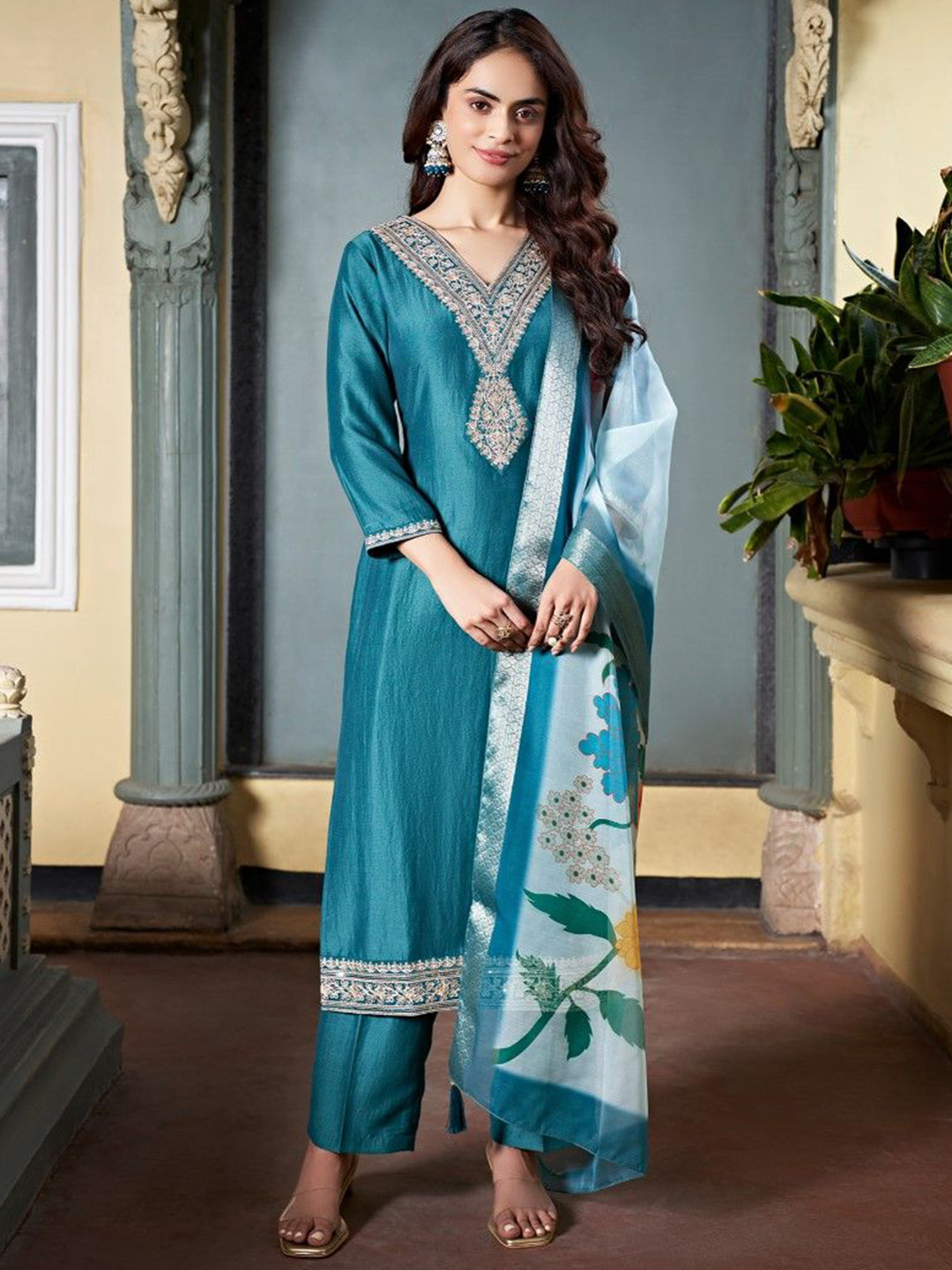 Buy Colors Of Earth Women Embroidered Regular Kurta With Trousers ...