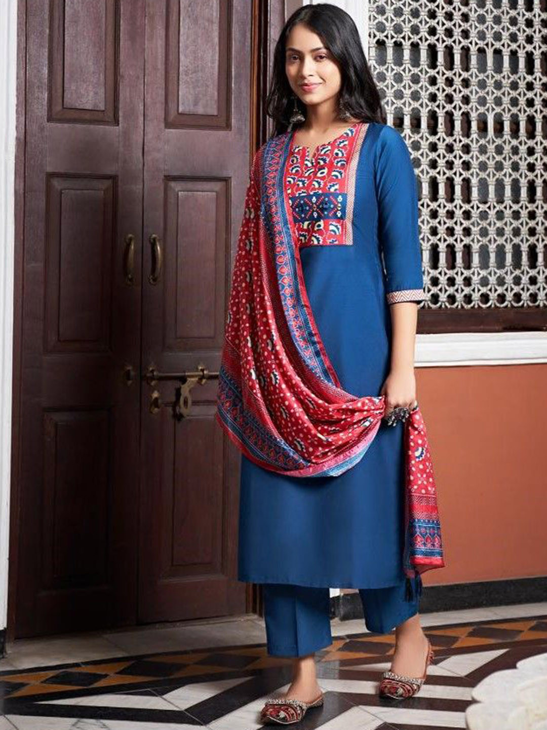 Buy Colors Of Earth Women Printed Regular Kurta With Trousers & With ...