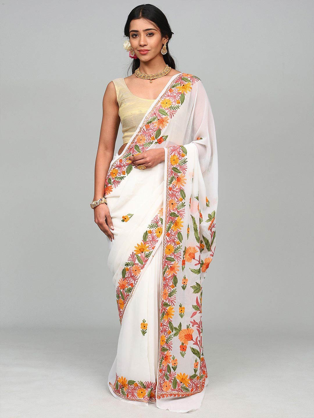 Buy Exotic India Ethnic Motifs Cream Floral Aari Embroidered Georgette ...