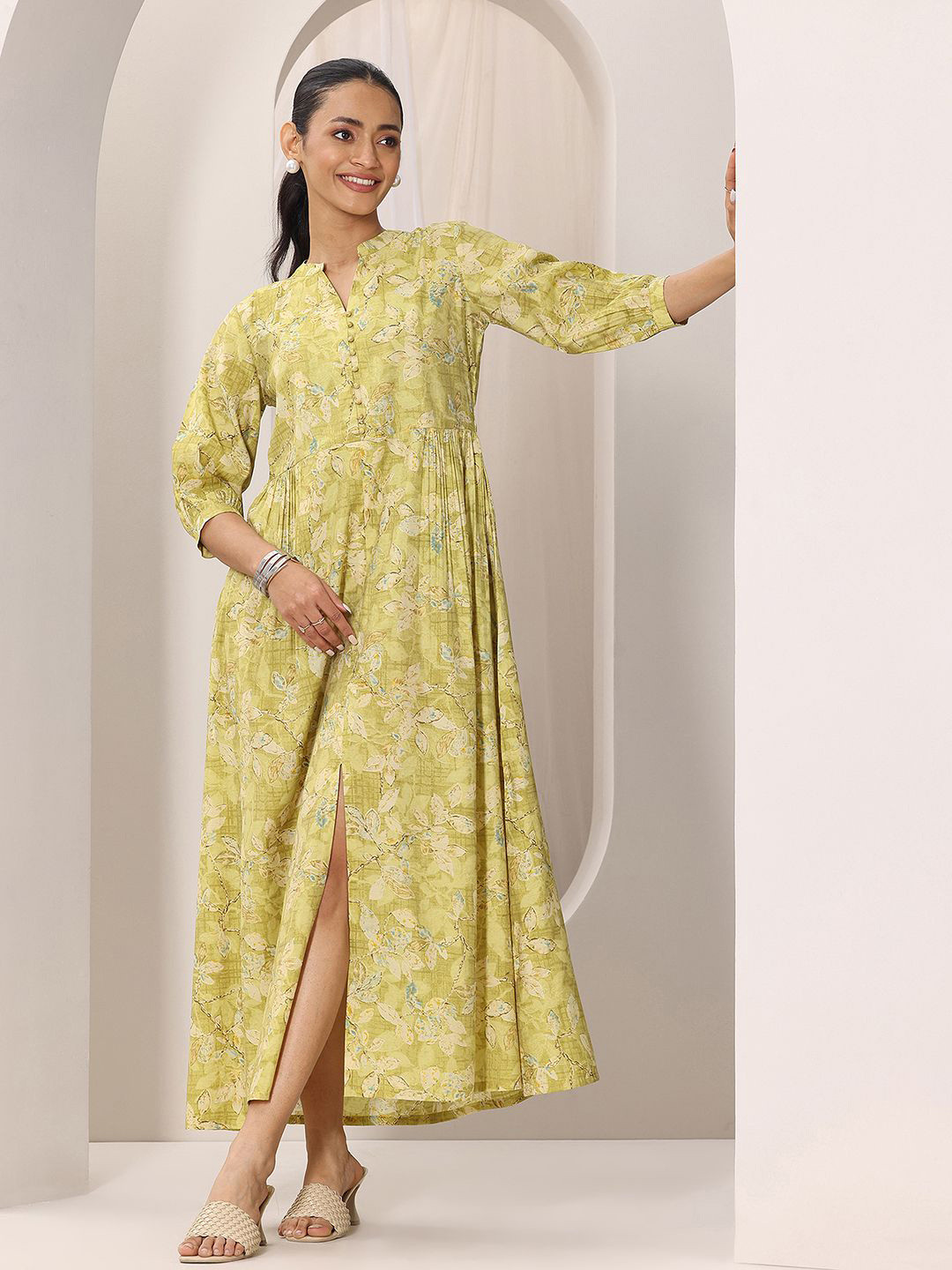 Buy Libas Floral Printed A Line Ethnic Dress With Front Slit And Pocket ...