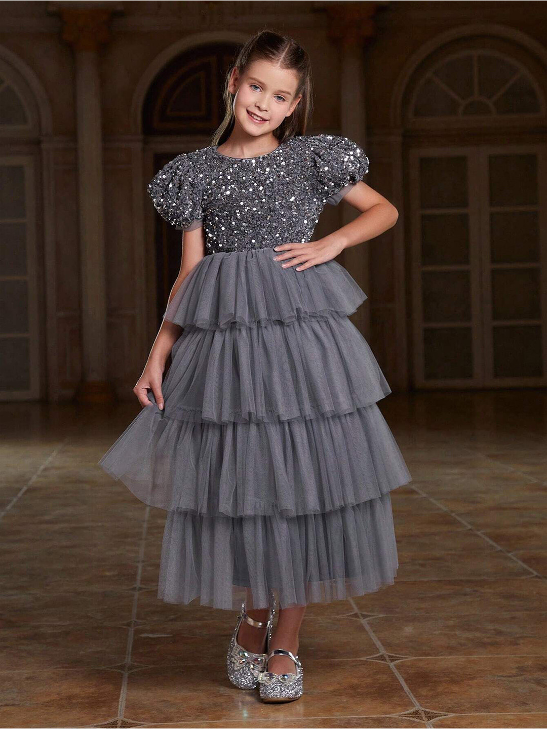 Buy BAESD Girls Embellished Puff Sleeve Layered Net Fit And Flare Maxi ...