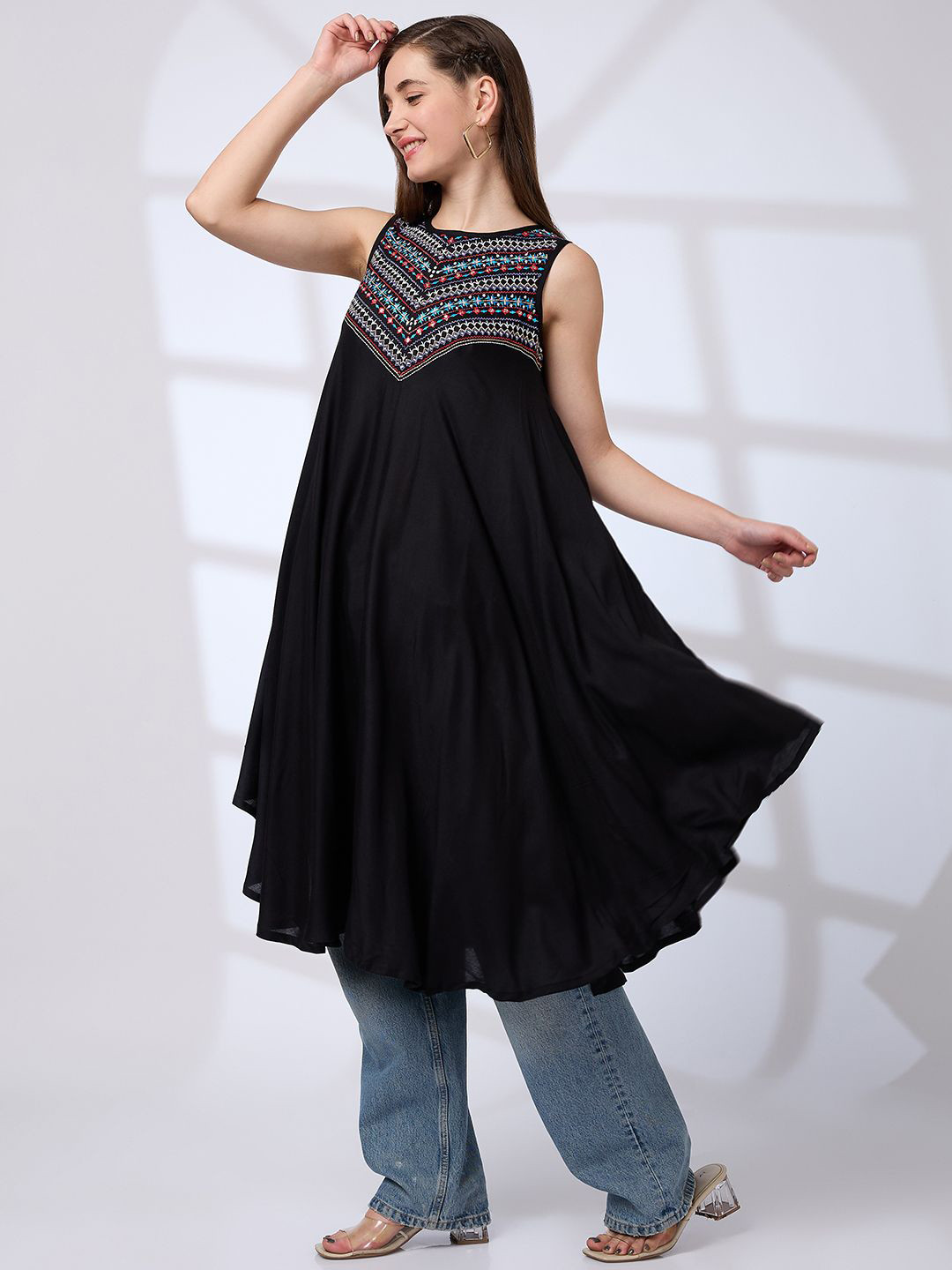 Buy Globus Embroidered Yoke Asymmetric Hem A Line Fusion Kurta - Kurtas ...