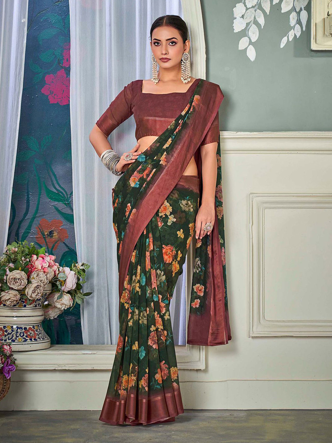 Buy Mitera Floral Printed Pure Chiffon Muga Saree - Sarees for Women ...