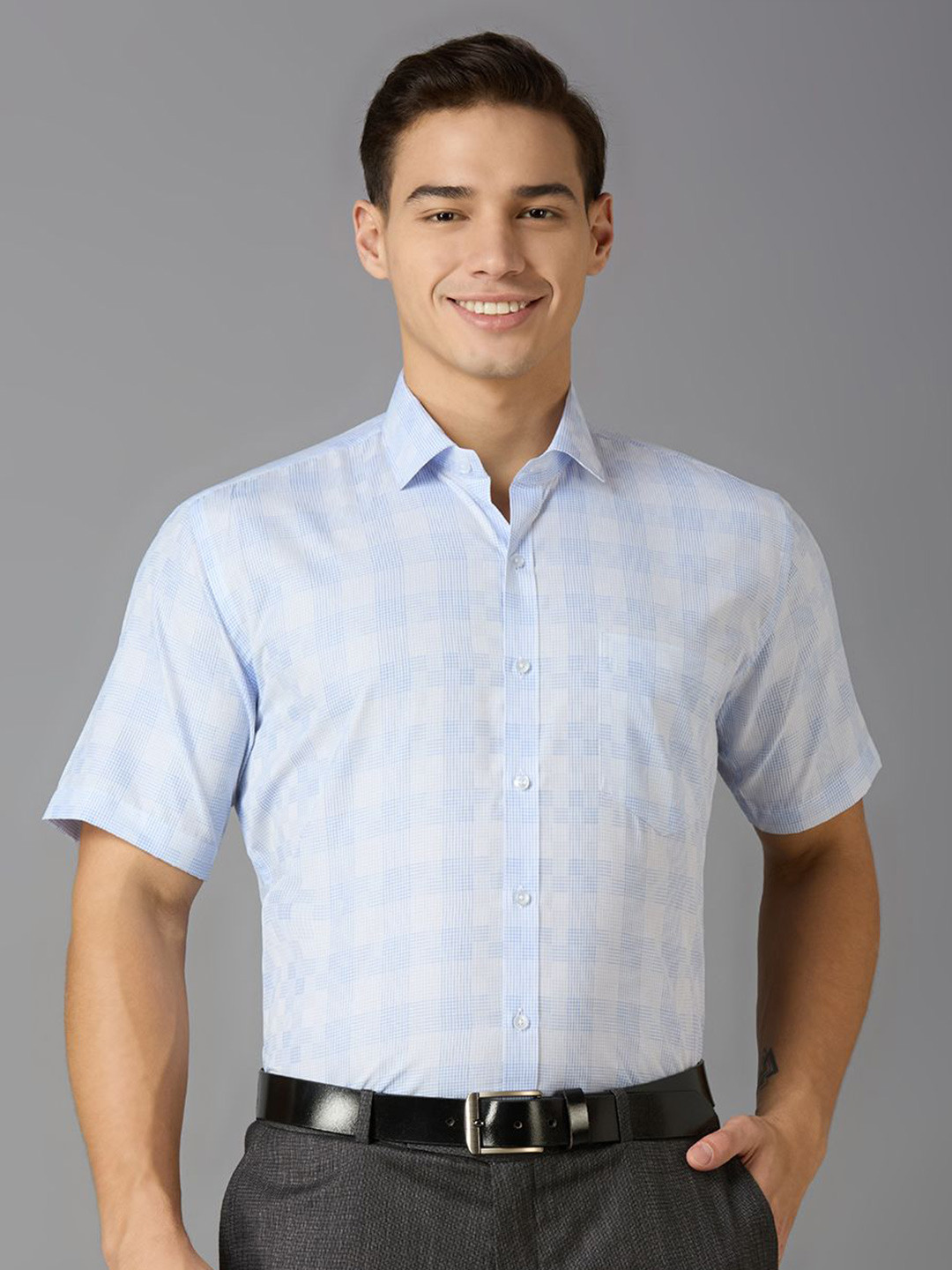 Buy MARK & ALBERT Men Regular Fit Spread Collar Micro Checks Formal ...