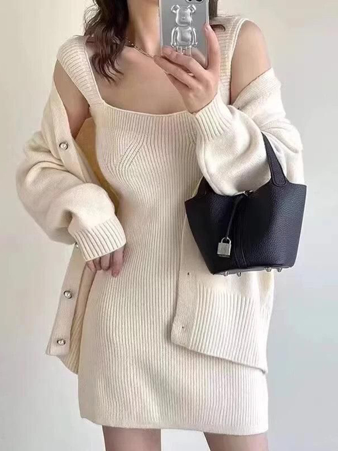 Buy Alamode By Akanksha Beige Reming Set Of Dress And Cardigan ...