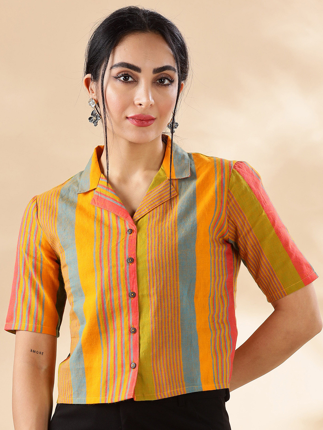 Buy Anouk Women Vertical Striped Cotton Boxy Fit Crop Casual Shirt ...