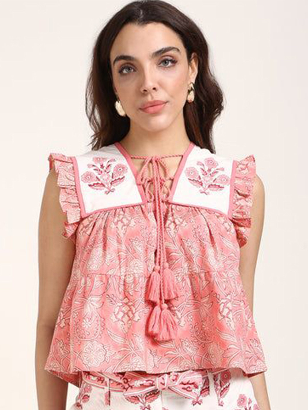 Buy Virgio Pure Cotton Flutter Sleeve Block Print Top - Tops for Women ...