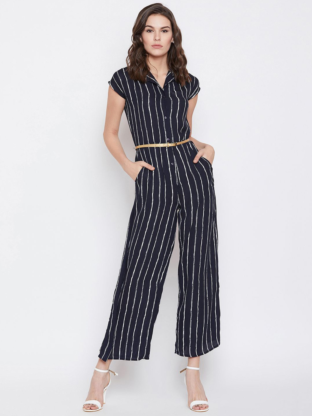 Buy Chemistry Women Striped Shirt Collar Short Sleeves Waist Tie Ups ...