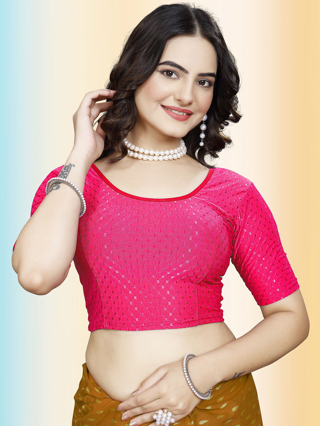 Buy TANISHM FEB TEX Embellished Round Neck Stretchable Saree Blouse ...