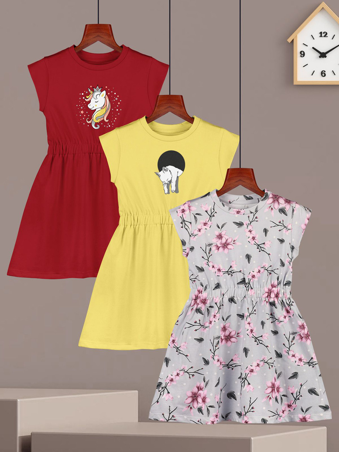 Buy HELLCAT Girl Pack Of 3 Print Round Neck Cap Sleeves A Line Dress ...