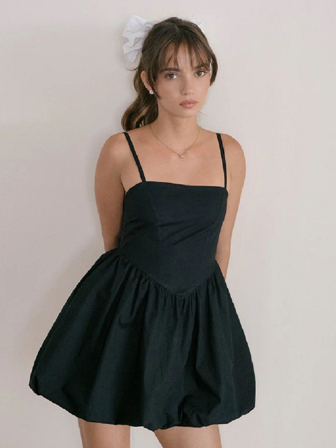 Buy Dracht Women Shoulder Straps Pleated Cotton Balloon Mini Dress ...