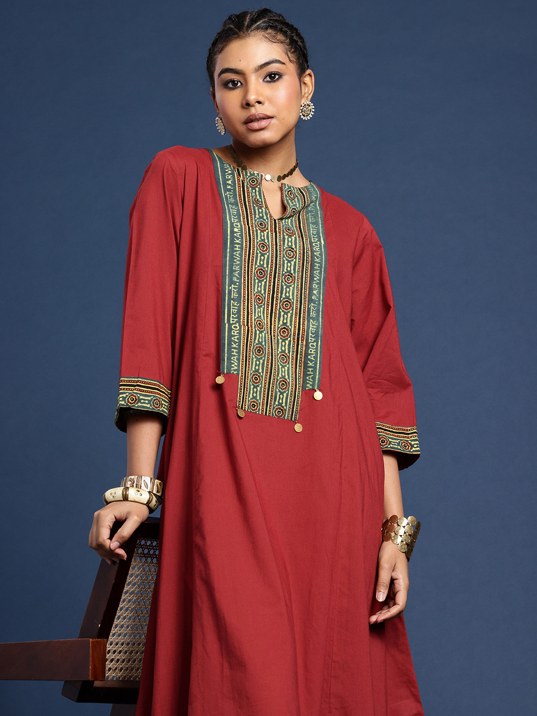 Buy Taavi Ajrakh Ethnic Motifs Yoke Design A Line Pure Cotton Kurta ...