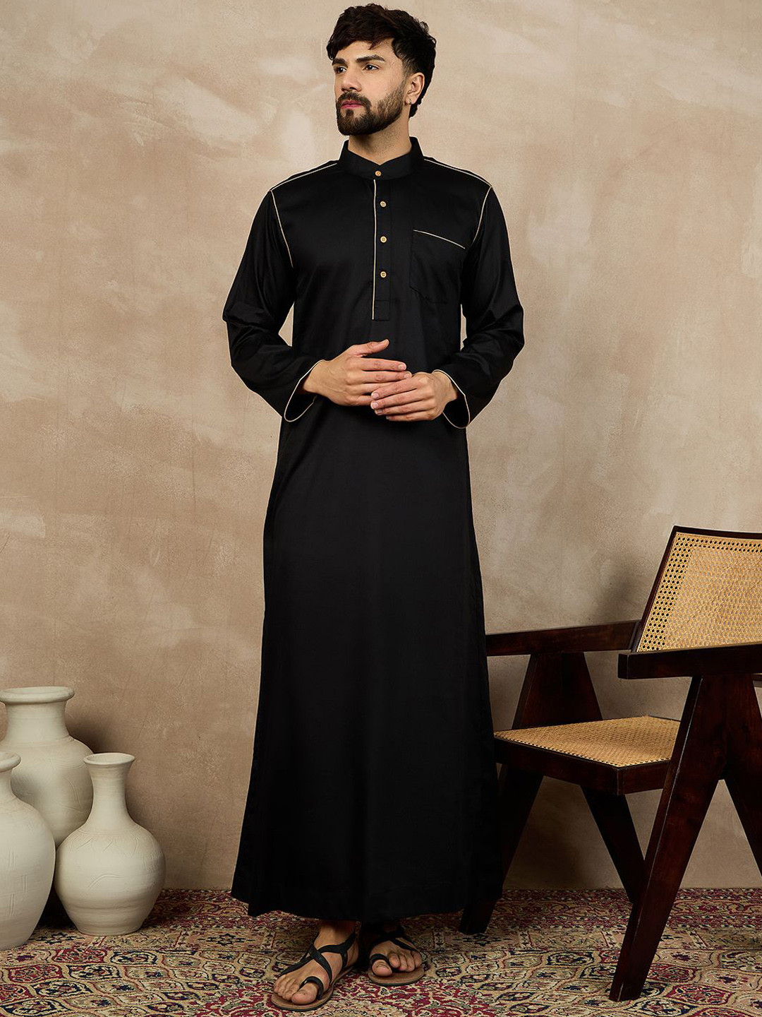 Buy NABIA Men Band Collar Cotton A Line Thobe Kurta - Kurtas for Men ...