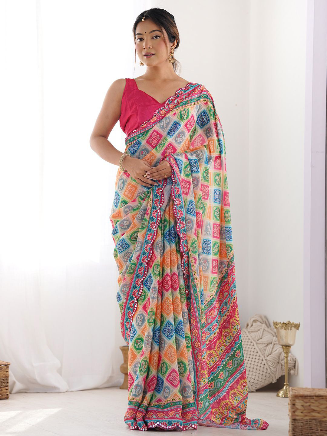 Buy Mitera Printed Embellished Mirror Work Saree - Sarees for Women ...