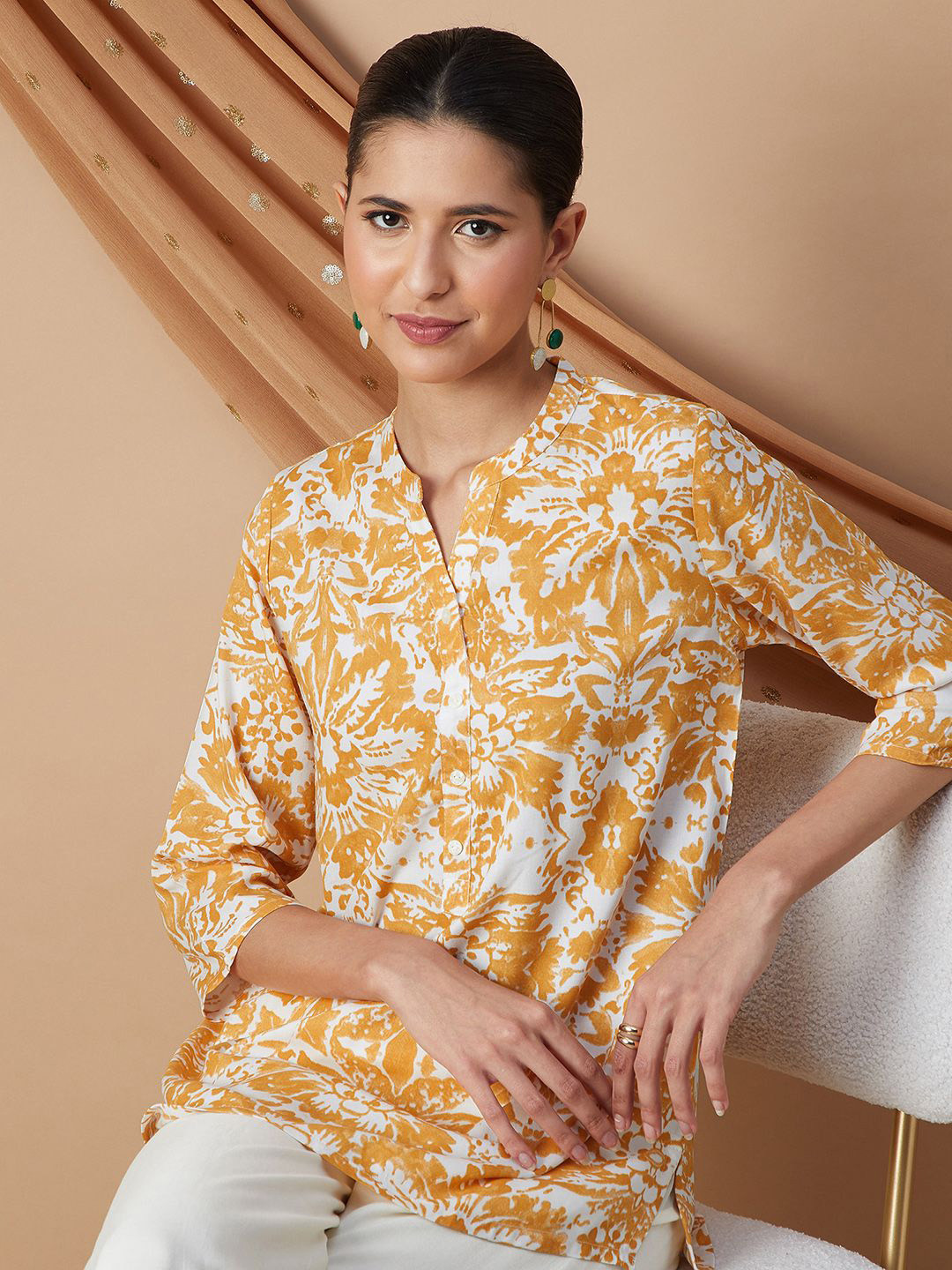 Buy Melange By Lifestyle Women Printed Mandarin Collar Tunic - Tunics ...