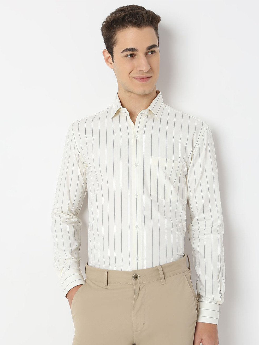 Buy MARK & ALBERT Men India Slim Fit Spread Collar Vertical Striped ...