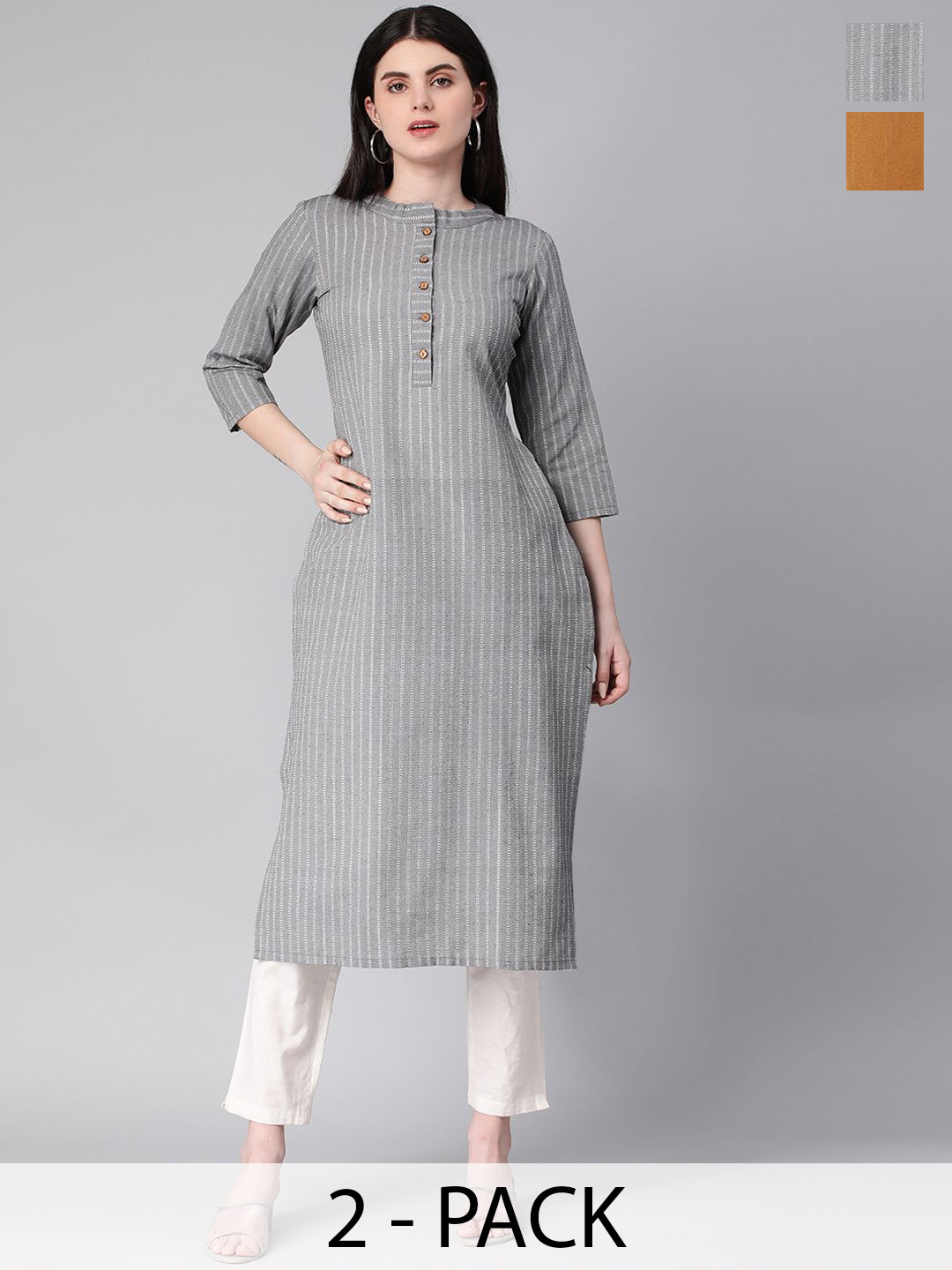 Buy KALINI Selection Of 2 Floral Printed Mandarin Collar Straight ...