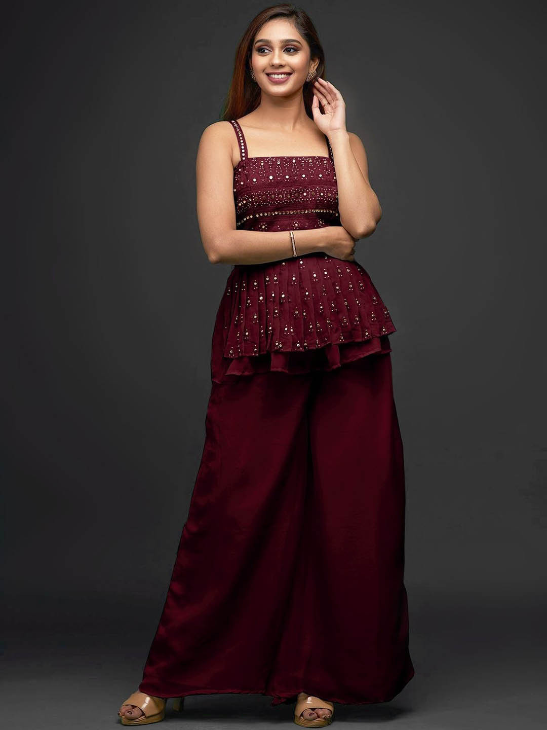 Buy SANCIA Geometric Embroidered Layered A Line Georgette Kurta With ...