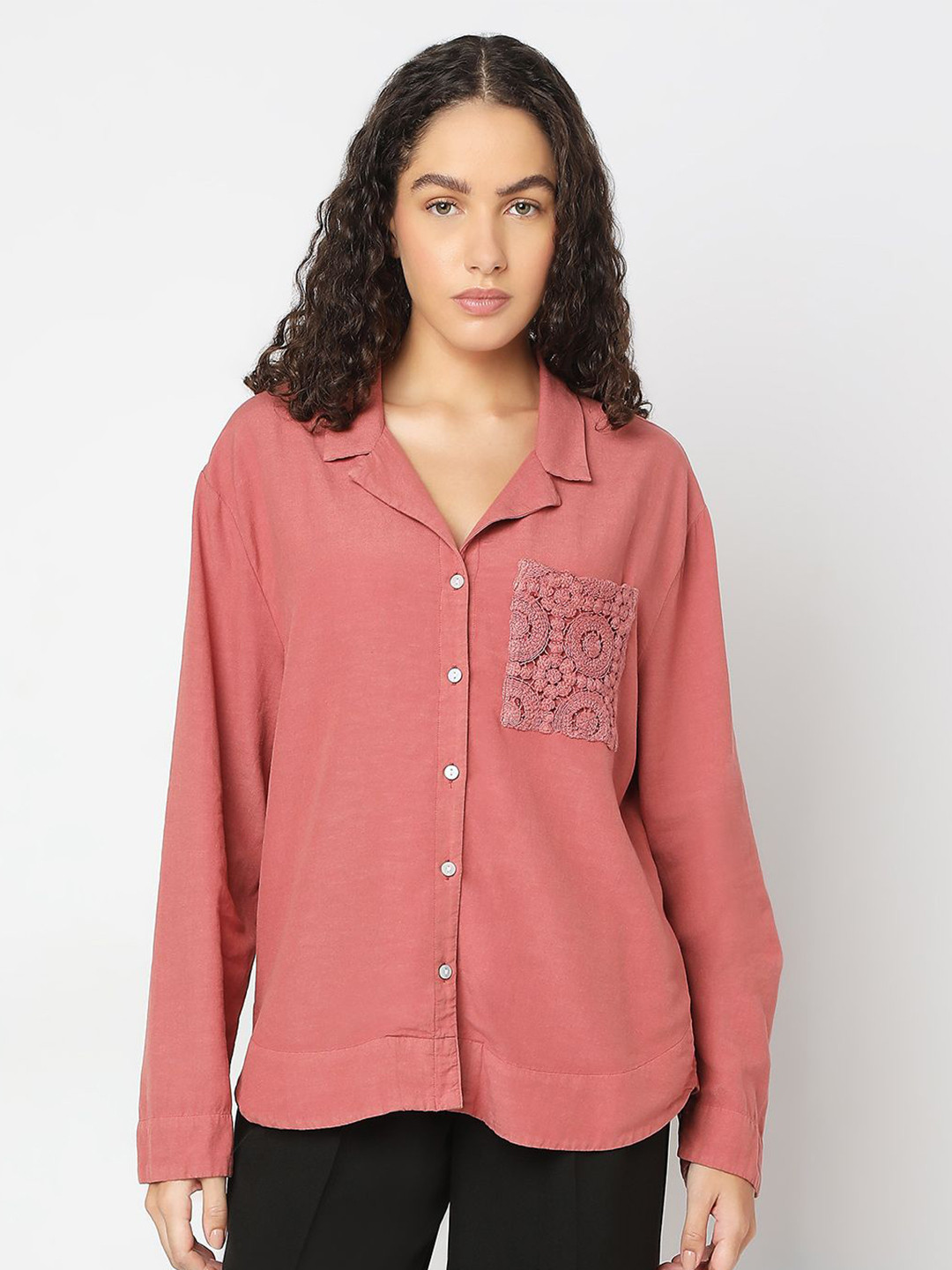 Buy Vero Moda Women Oversized Fit Cuban Collar Solid Casual Shirt ...