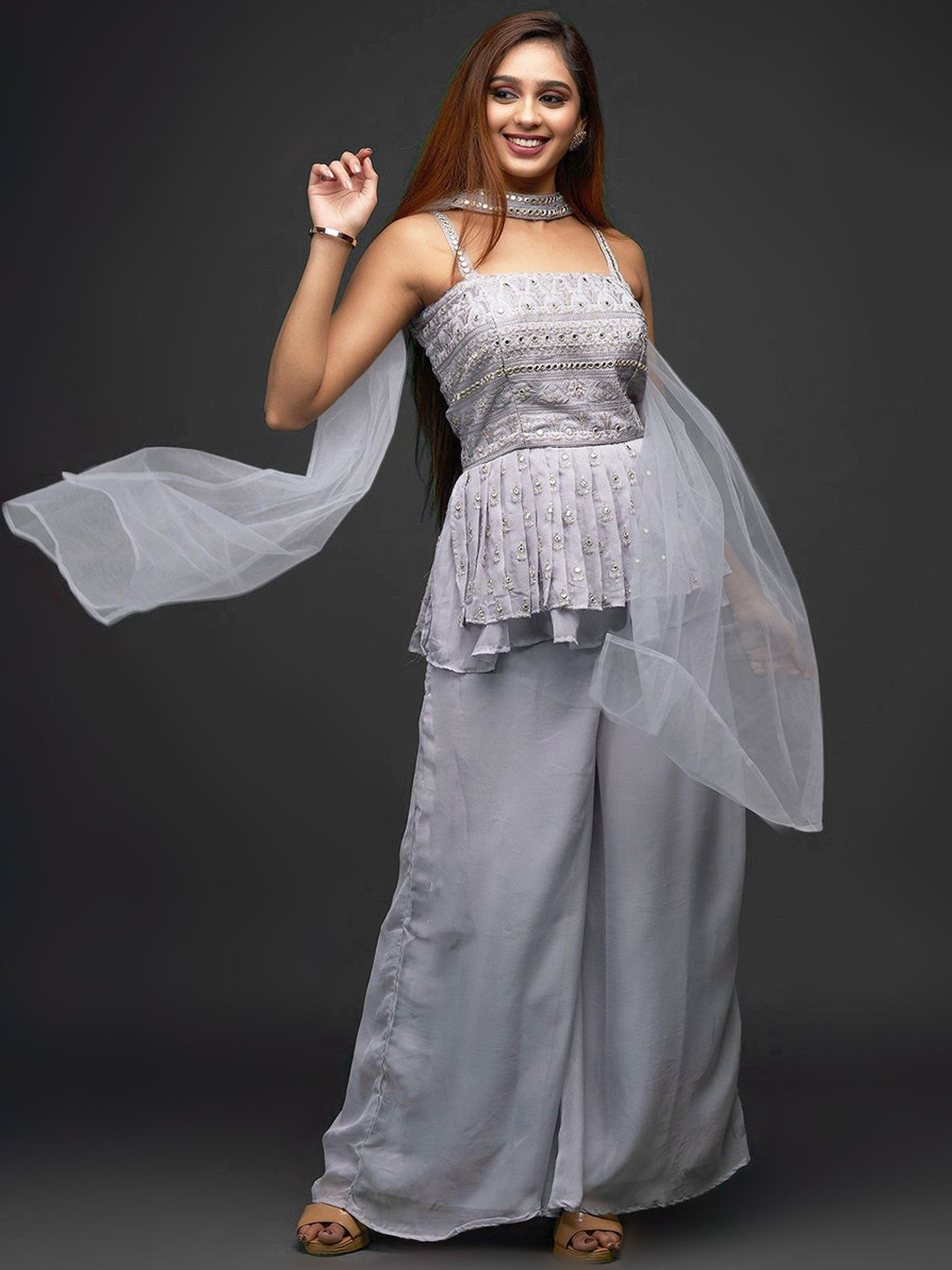 Buy SANCIA Geometric Embroidered Layered Mirror Work Kurti With ...