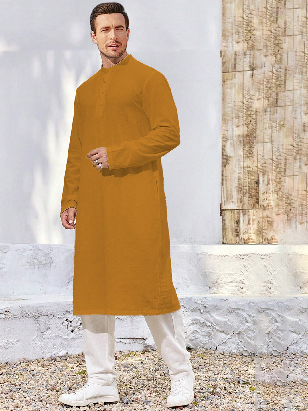 Buy Anouk Mustard Band Collar Pure Cotton Straight Kurta - Kurtas for ...